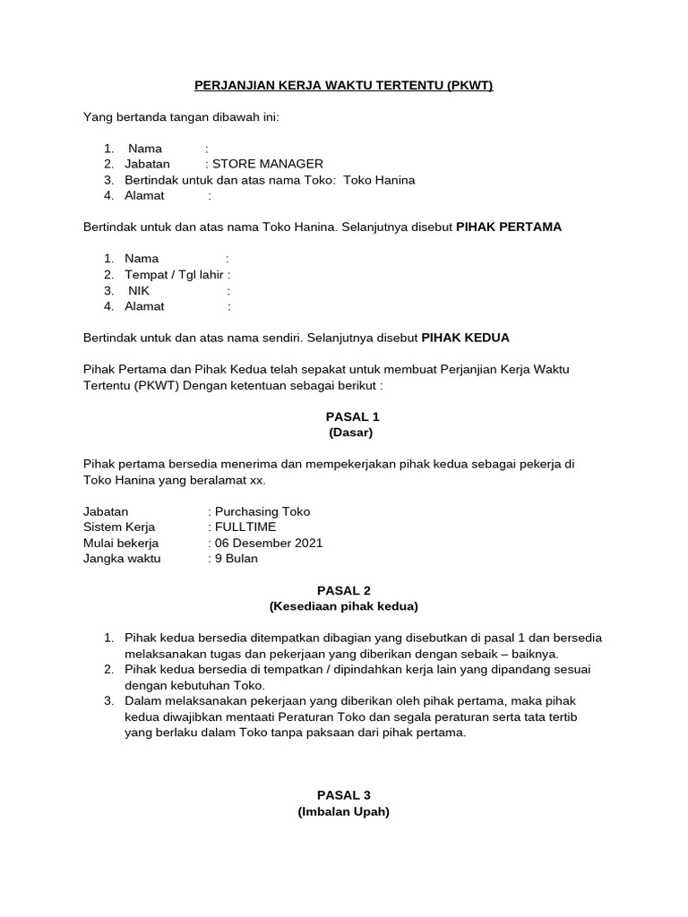 Perjanjian Kerja Waktu Tertentu(Pkwt) Hanina | PDF