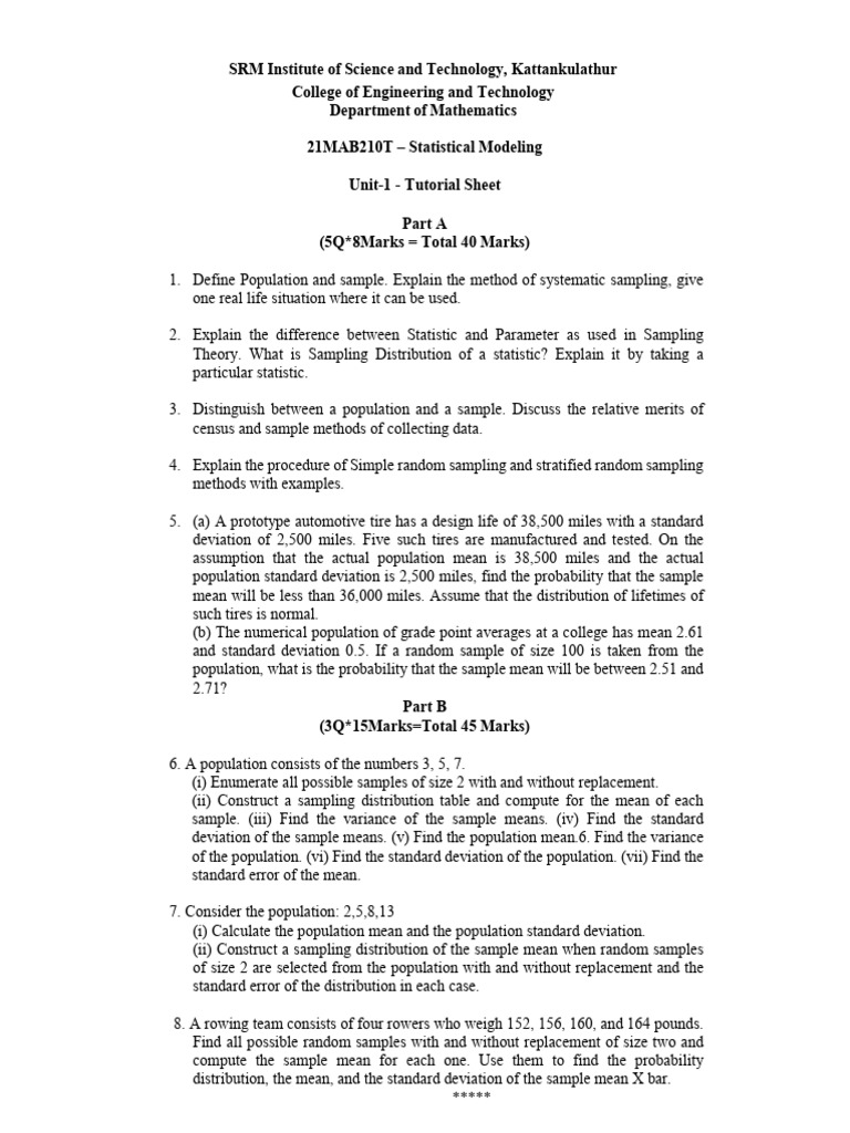 21MAB210T - Statistical Modeling - Unit-1 - Tutorial Sheet | PDF