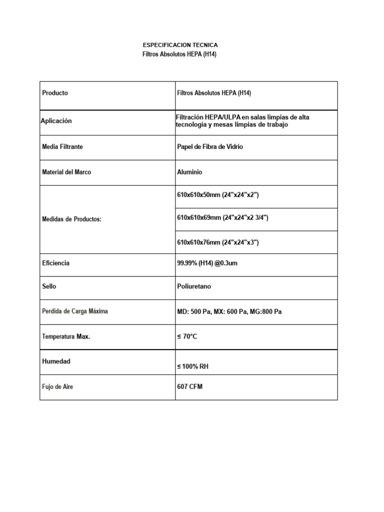 ESPECIFICACION TECNICA DE Filtros HEPA (H14) | PDF