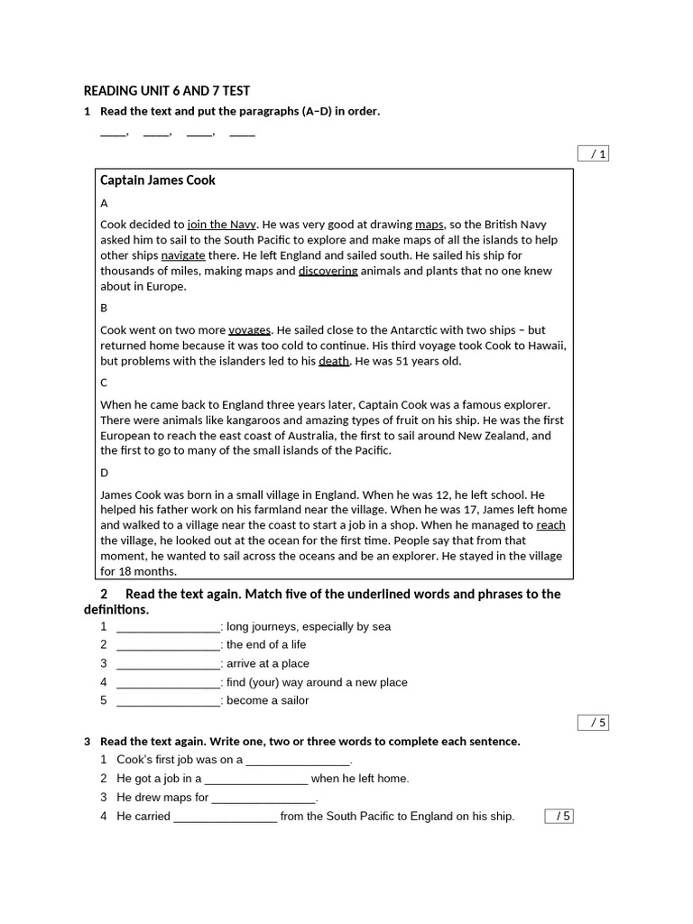 Reading Unit 6 and 7 Test | PDF