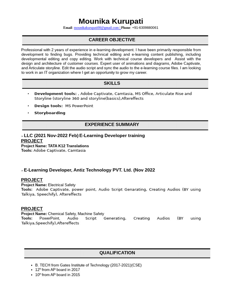 Mounika - 2 Years CV | PDF