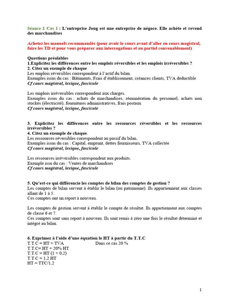 1 Séance 1 Cas 1 Correction 2022 | PDF