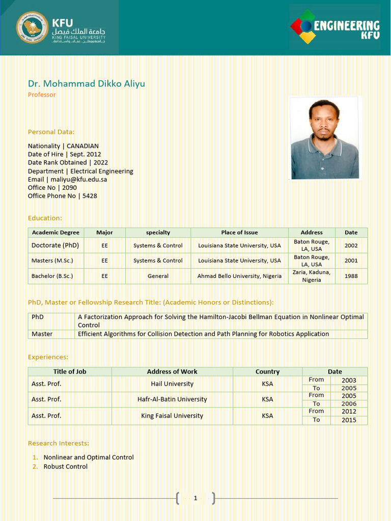 Dr. Mohammad Dikko Aliyu Update 20.7.2022 | PDF | Optimal Control | Nonlinear System