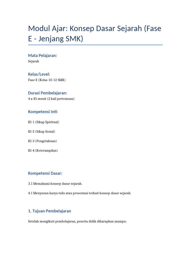 Modul Ajar Konsep Dasar Sejarah Fase E SMK | PDF