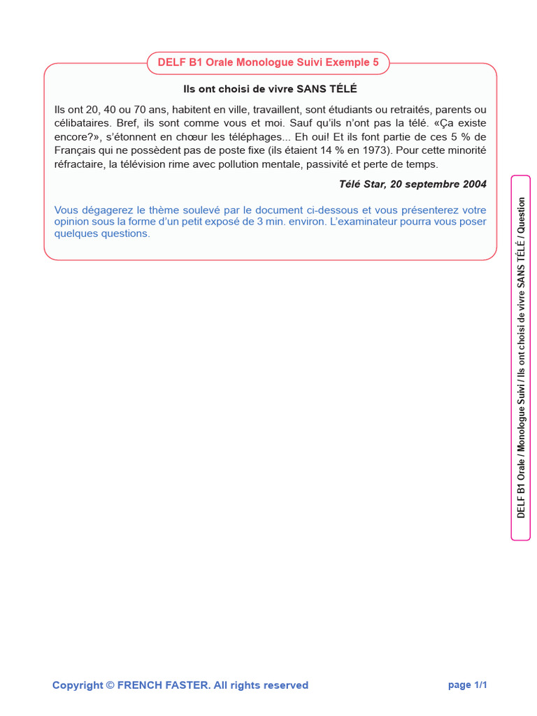 DELF B1 Orale Monologue Suivi Exemple 5Q | PDF | Foreign Language ...