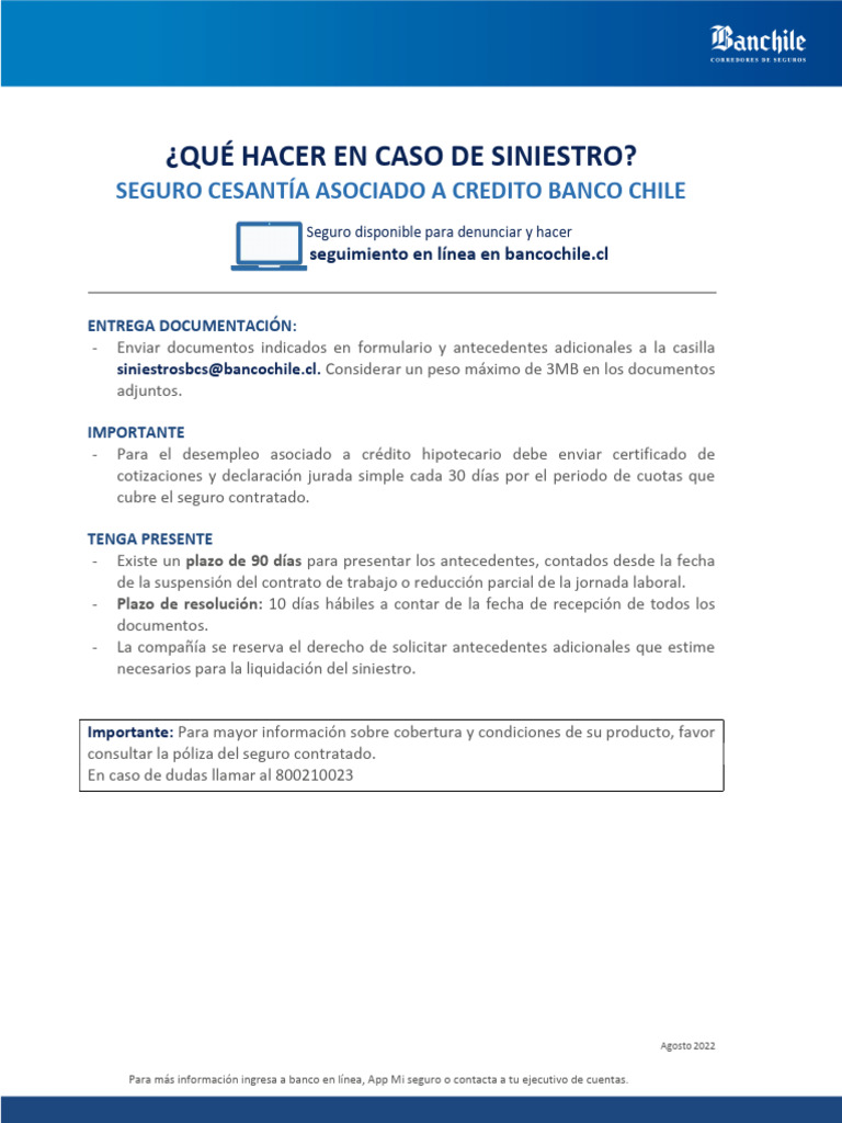 Procedimiento y Formulario Cesantia e Incapacidad Temporal Banco Chile | PDF | Seguro | Póliza ...