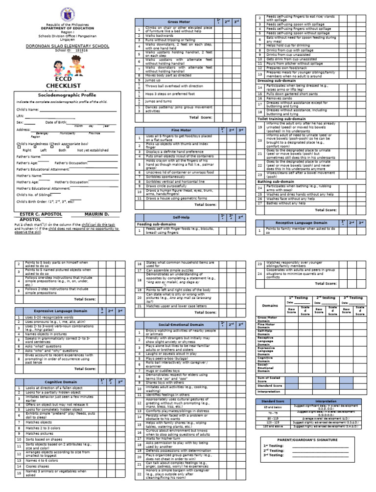EDITED ECCD CHECKLIST ENGLISH 1page B2B | PDF | Urination | Hand