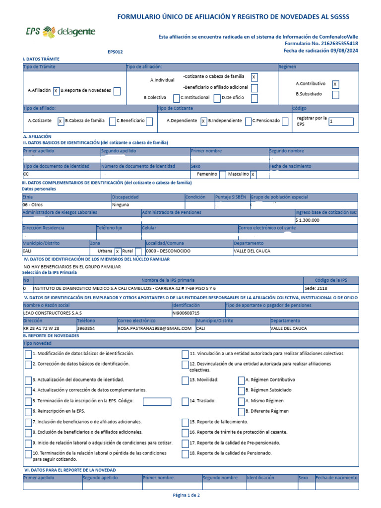 Formulario Unico Afiliacion Comfenalco | PDF