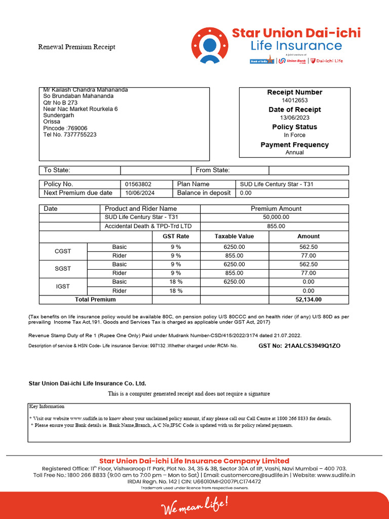 Renewal Premium Receipt: To State: From State | PDF | Life Insurance ...