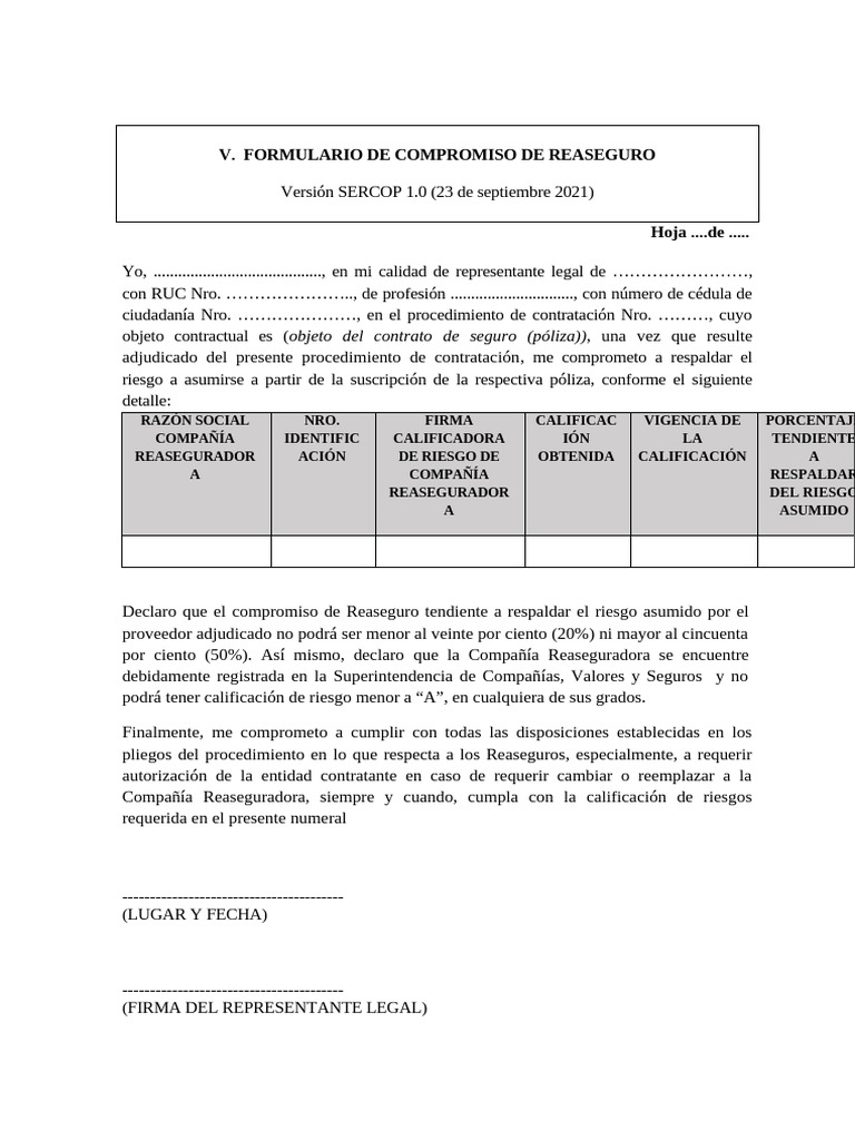 Formulario Compromiso de Reaseguro 1 | PDF