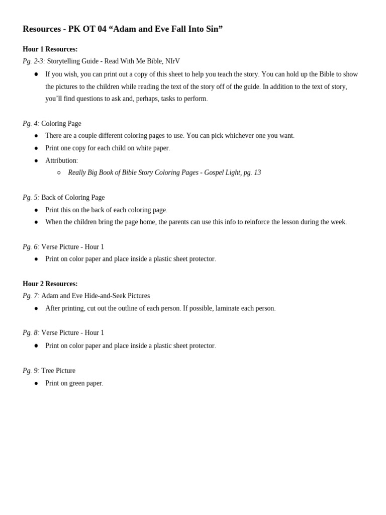 PK OT 04 Resources (Adam and Eve Fall Into Sin) | PDF