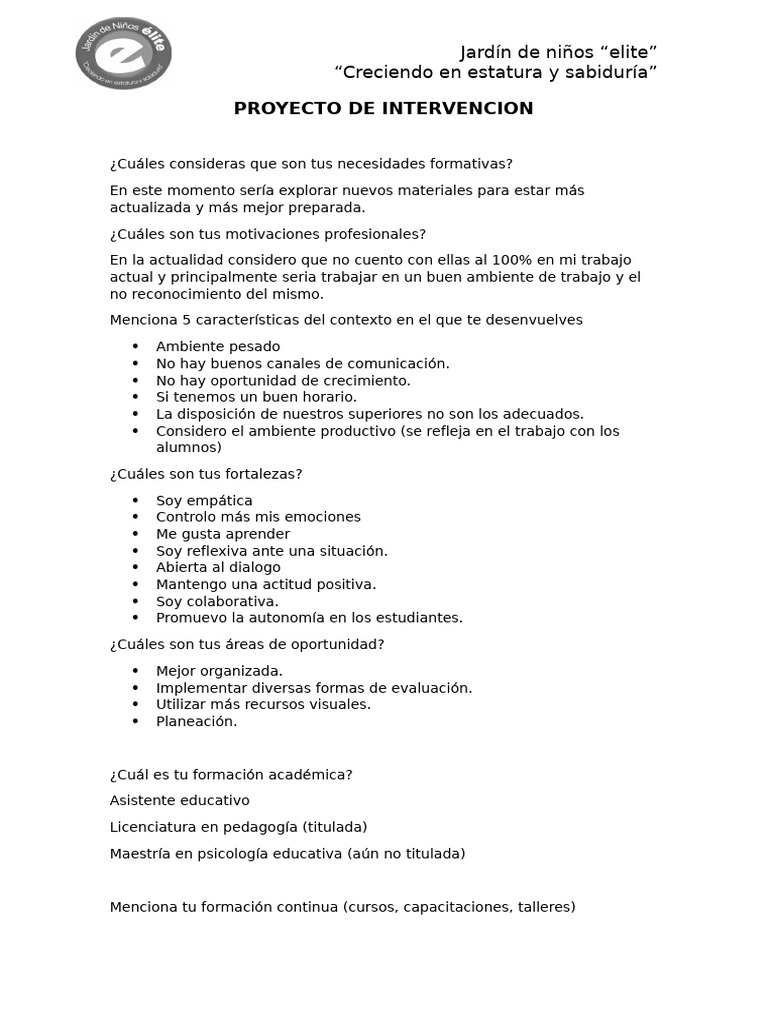 Autoevaluaciòn PROYECTO DE INTERVENCION | PDF