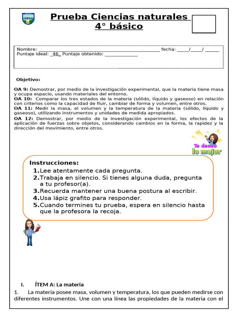 Prueba 4° Basico Unidad 1 | PDF