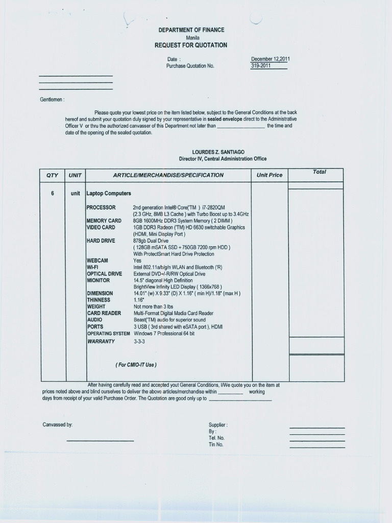 Request For Quotation Laptop Computers | PDF
