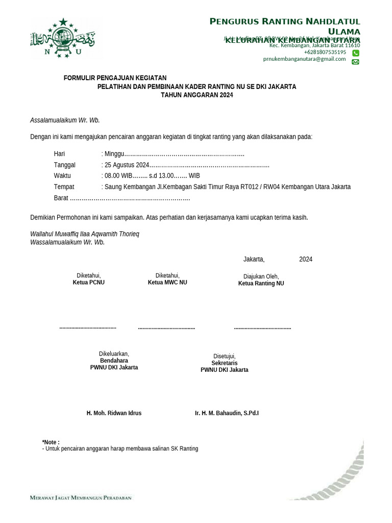Formulir Pengajuan Kegiatan PRNU Kembangan Utara | PDF