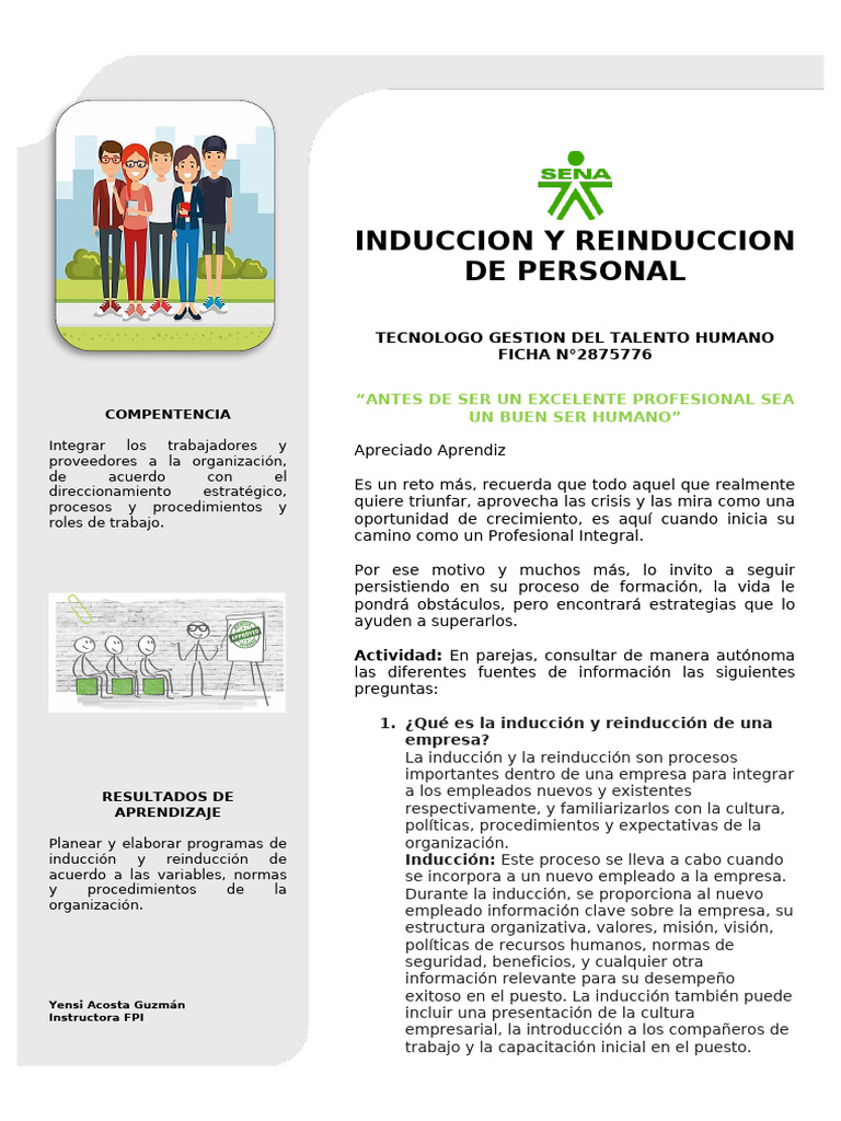 Cuestionario Induccion y Reinduccion | PDF