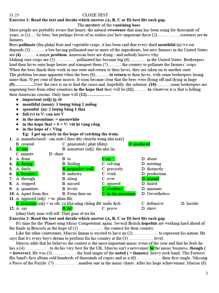 12.25, CLOZE TEST - Docx, With Keys | PDF