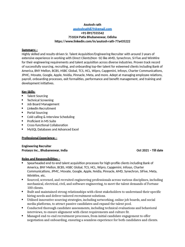 Asutosh Rath - Sr. TA Specialist | PDF | Employee Retention | Recruitment