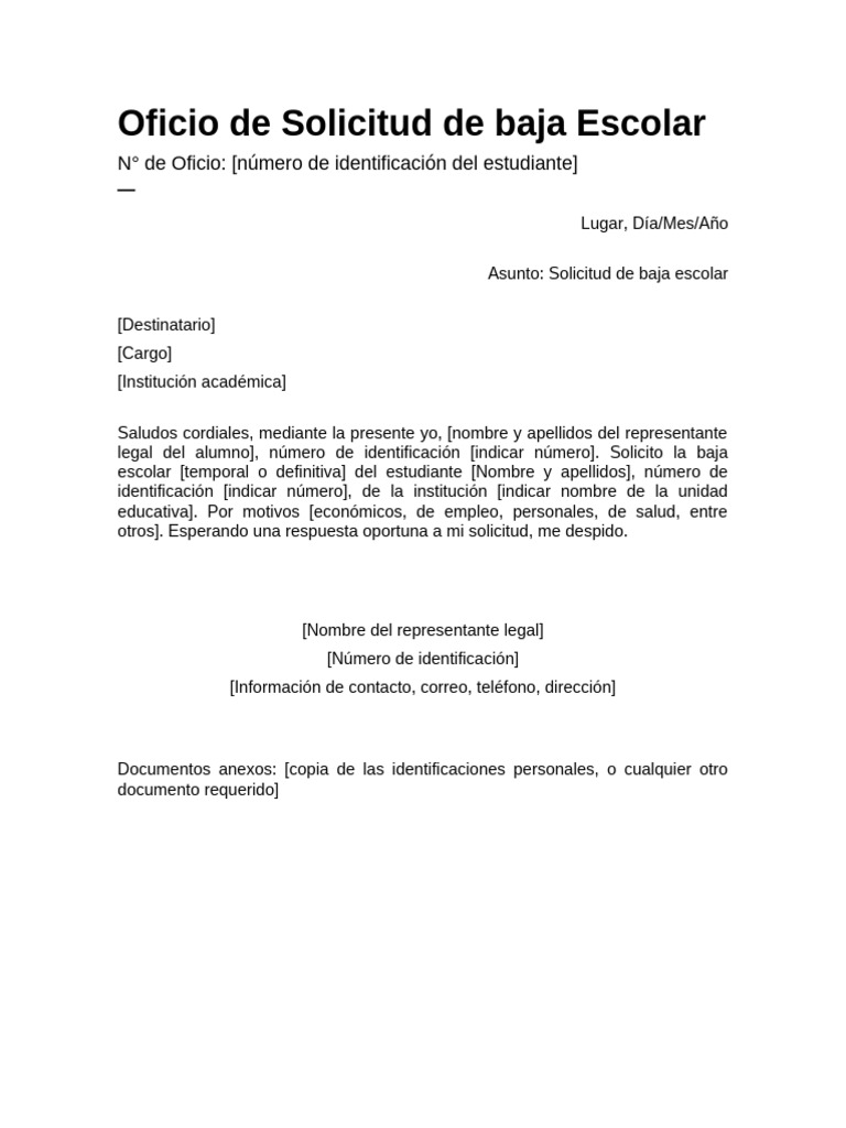 Formato Oficio de Solicitud de Baja Escolar | PDF