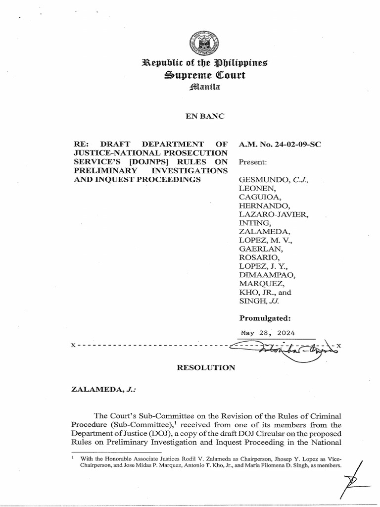 A.M. No. 24-02-09 SC Re Draft DOJ Rules On Preliminary Investigation | PDF