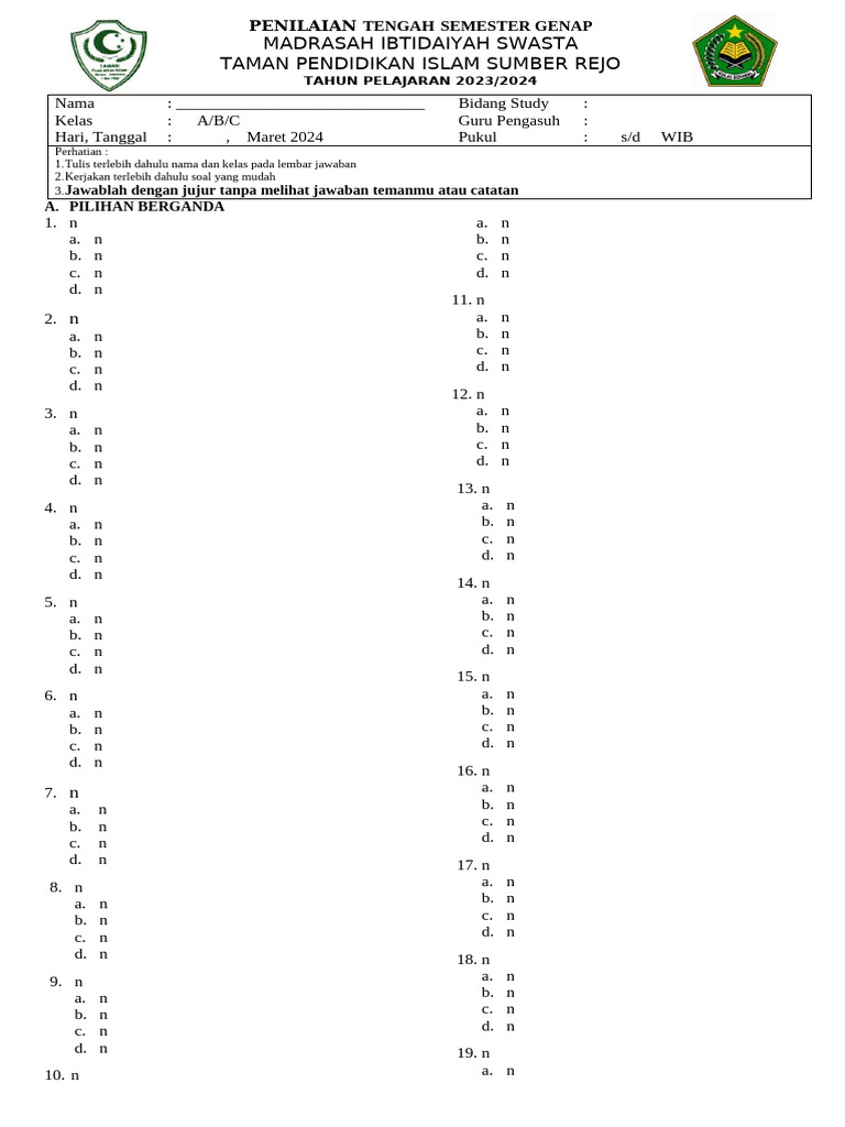 Format Soal Pts 2024 | PDF