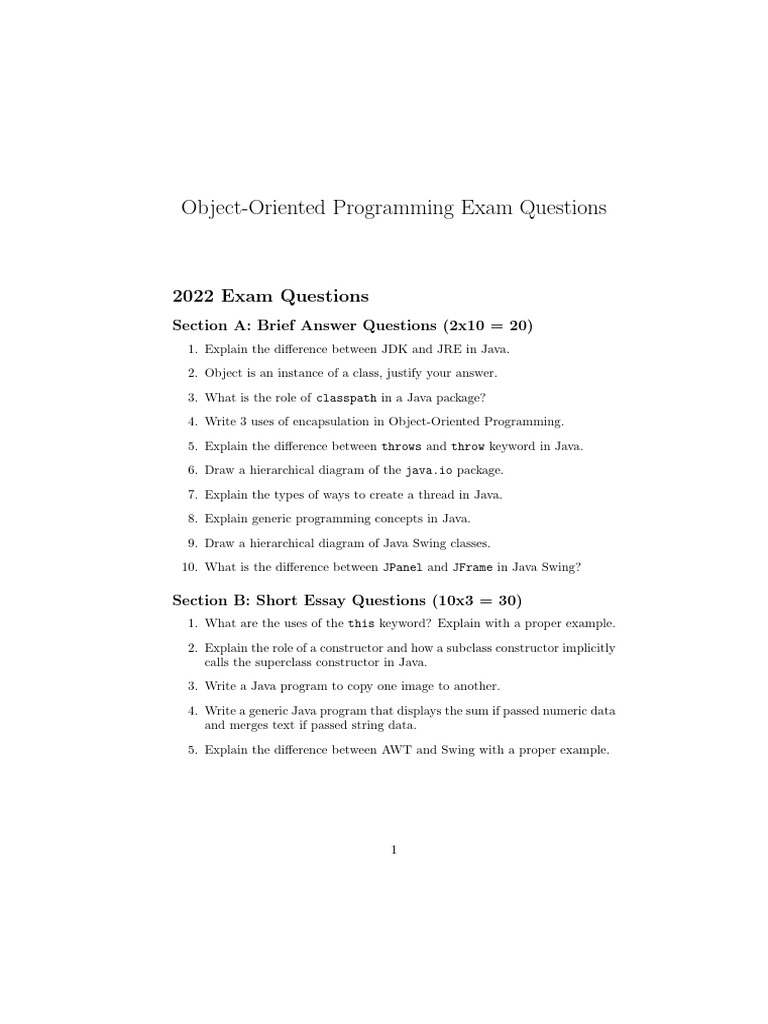 Oops Important Questions | PDF | Class (Computer Programming) | Java (Programming Language)