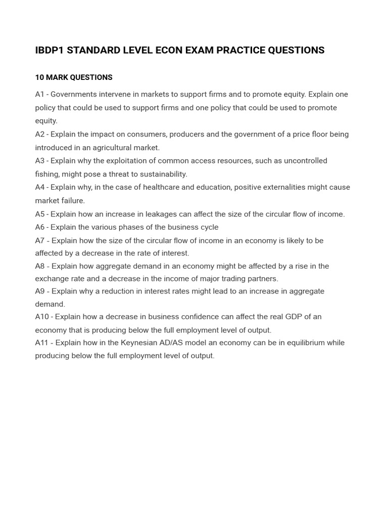 IB Economics Standard Level DP1 Practice Exam Questions | PDF | Full ...