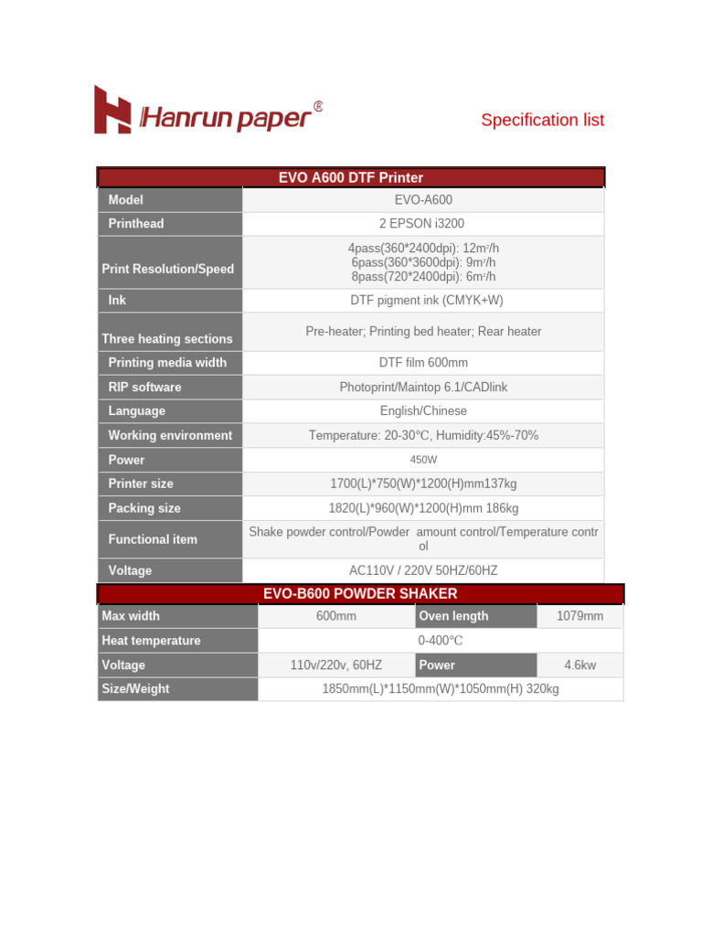 Ficha técnica, DTF Printer Hanrun EVO-A600.pdf | PDF