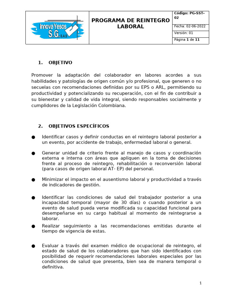 Programa de Reintegro Laboral 2 | PDF
