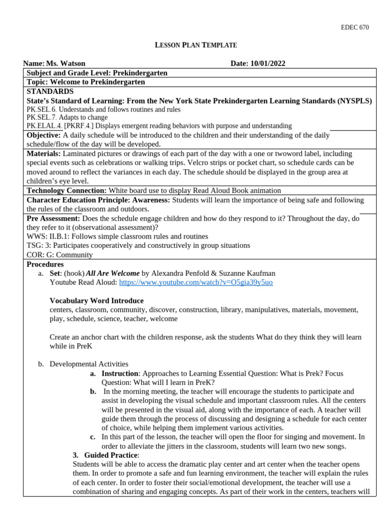 Lesson Plan EDEC 670 | PDF