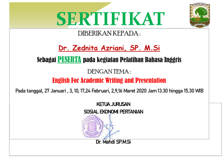 Sertifikat Pelatihan Bahasa Inggris | PDF