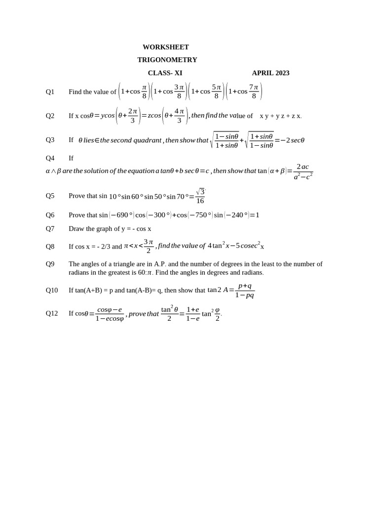 Worksheet Trigonometry | PDF
