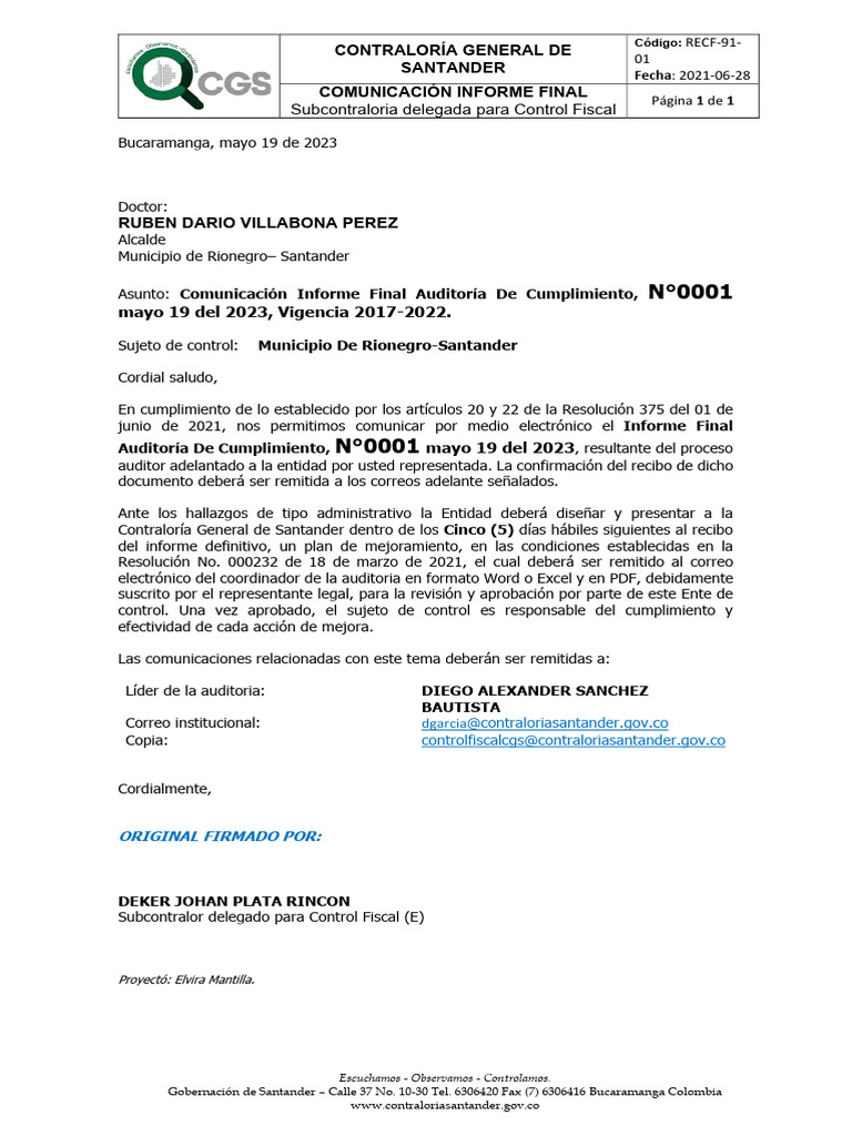 0001 Informe Final Auditoria de Cumplimiento Alc Rionegro Alumbrado ...