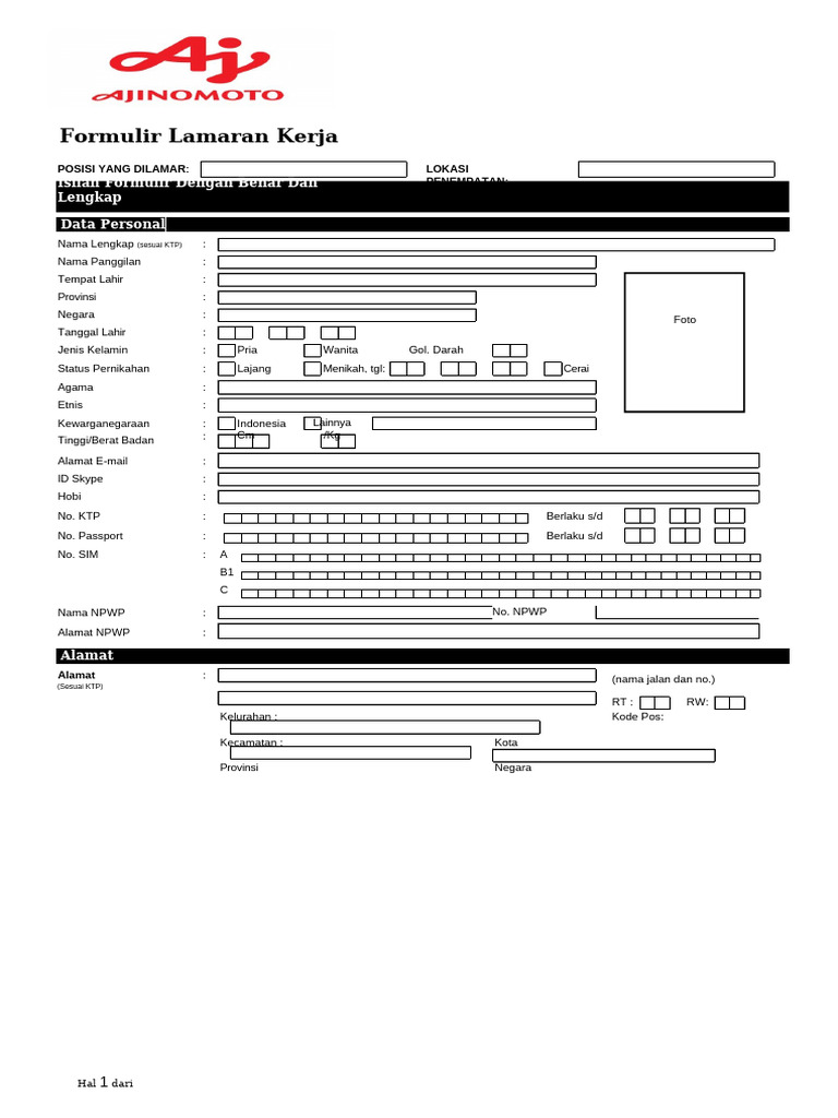 Formulir Lamaran Kerja Ajinomoto | PDF