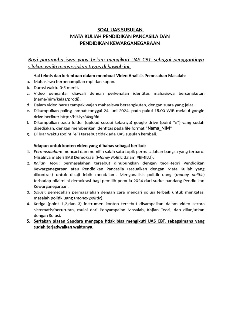 SOAL UAS SUSULAN PKN Dan Pendidikan Pancasila 2024 | PDF | Karier & Perkembangan | Komputer