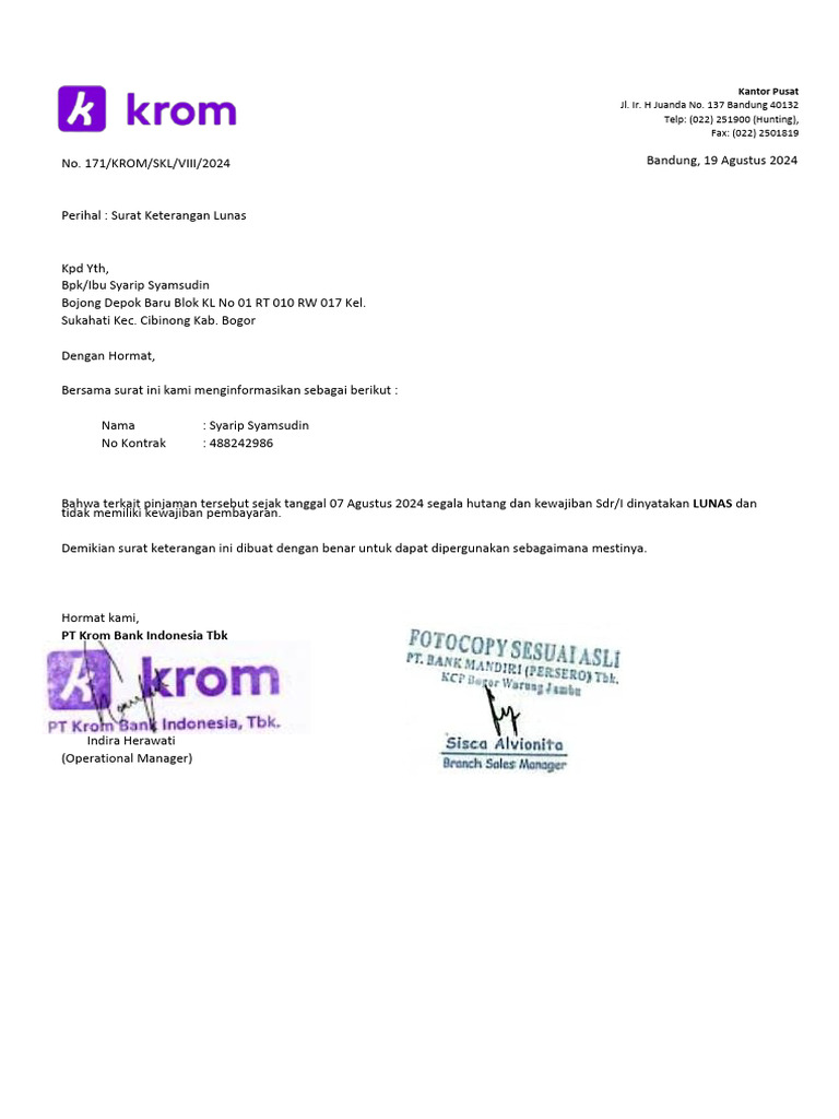 Surat Lunas Krom Bank | PDF