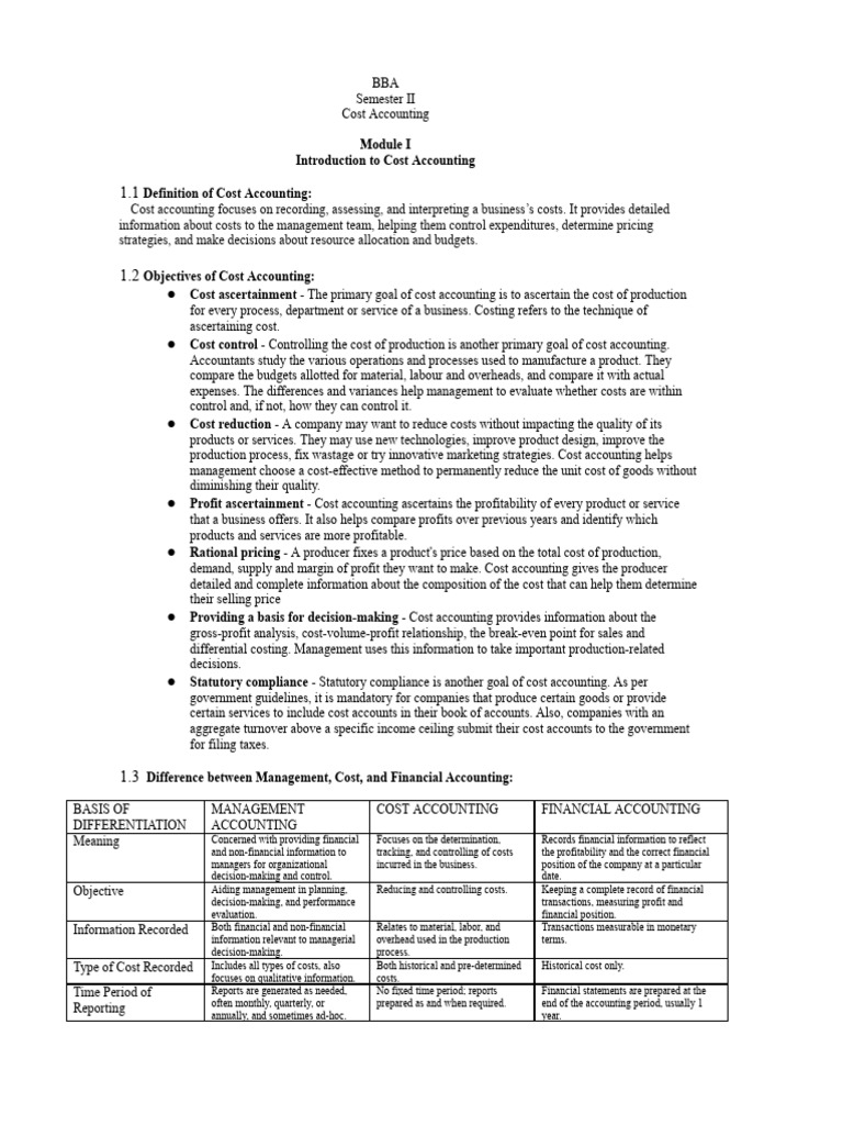 BBA SEM 2 Unit I Fundamentals of Accounting-1 | PDF | Cost Accounting | Law