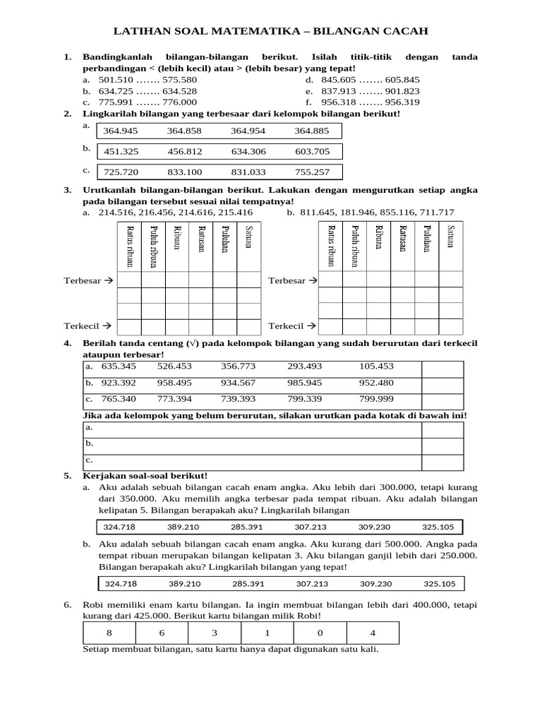 LATIHAN SOAL MATEMATIKA Bilangan Cacah | PDF