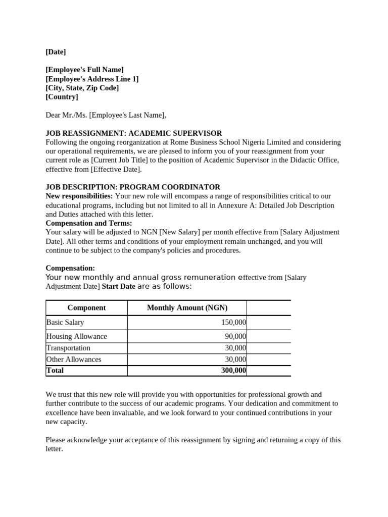 Job Reassignment Letter | PDF | Salary | Employment