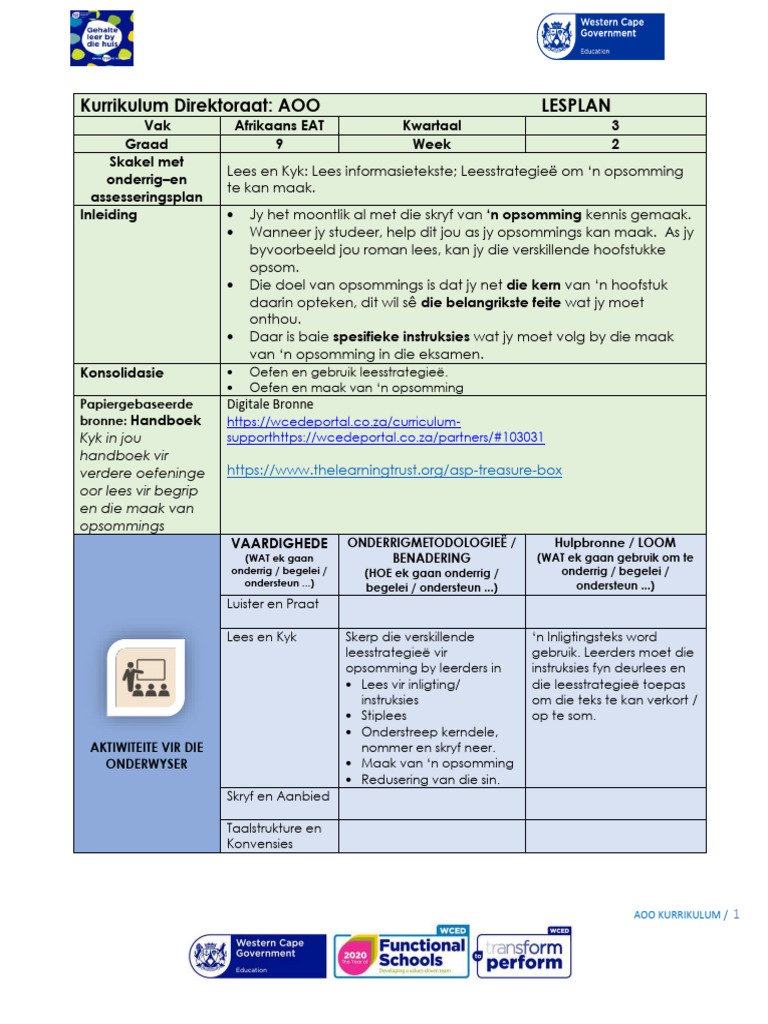 Lesplan AOO IF Graad 9 Afrikaans EAT | PDF