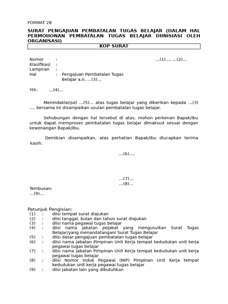 Format 28 - Surat Pengajuan Pembatalan Tugas Belajar (Diinisiasi Oleh ...