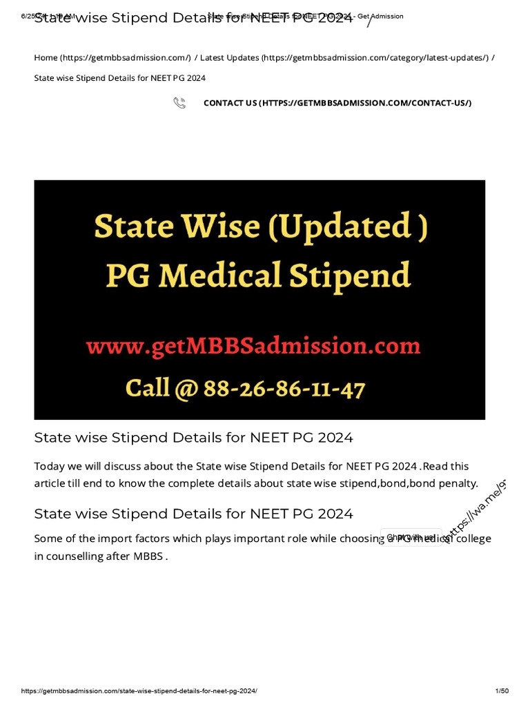 State Wise Stipend Details For NEET PG 2024 - Get Admission | PDF