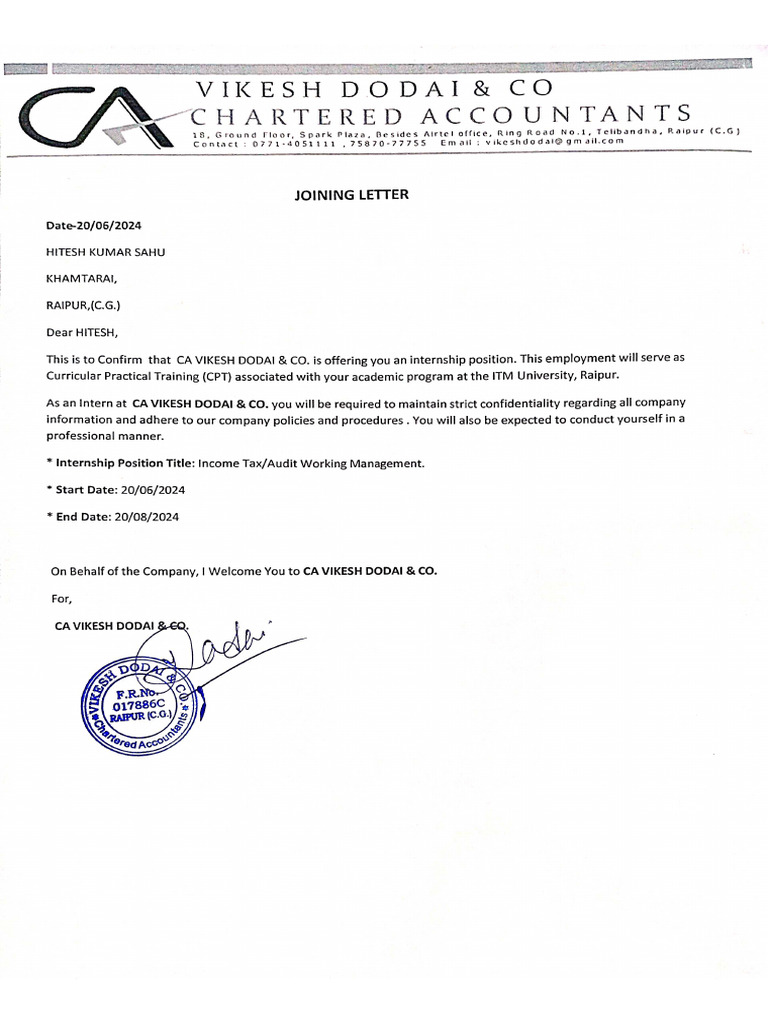 Joining Letter (Hitesh Kumar Sahu) | PDF