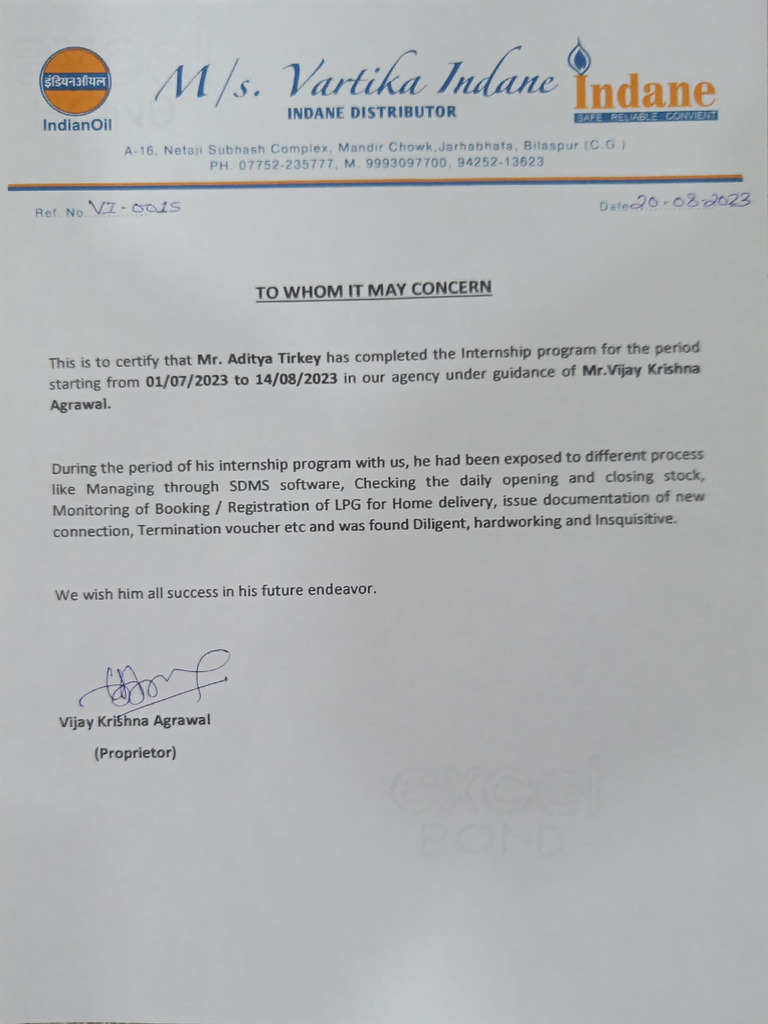 Aditya Tirkey Internship Certificate | PDF