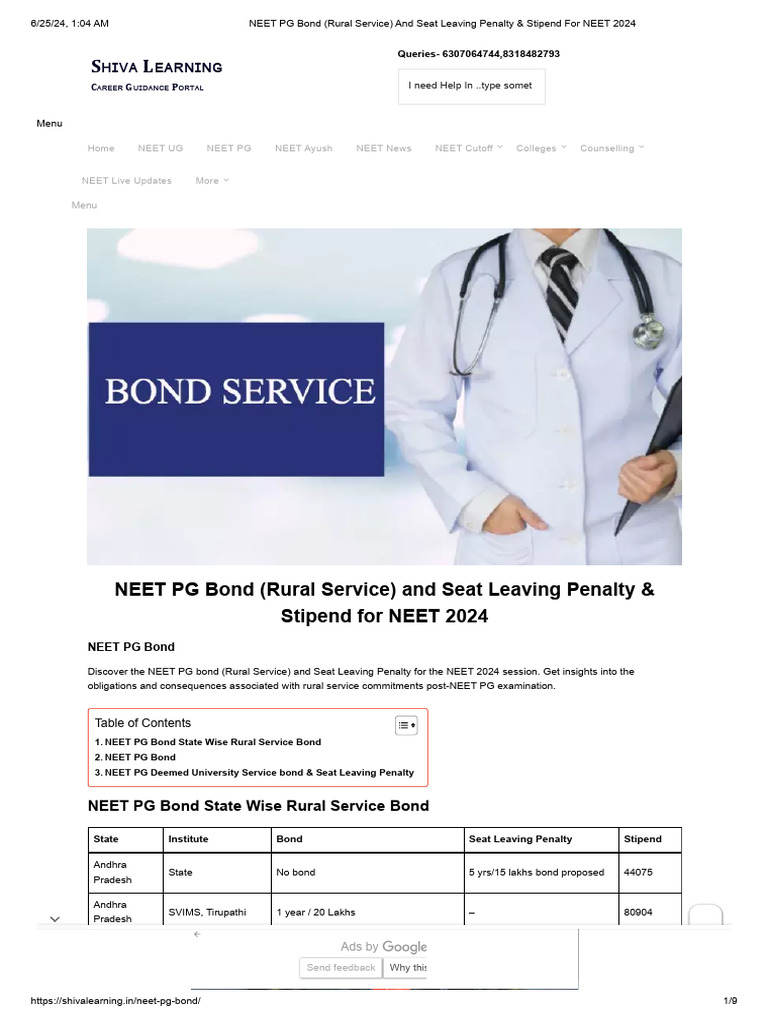 NEET PG Bond (Rural Service) and Seat Leaving Penalty & Stipend For NEET 2024 | PDF