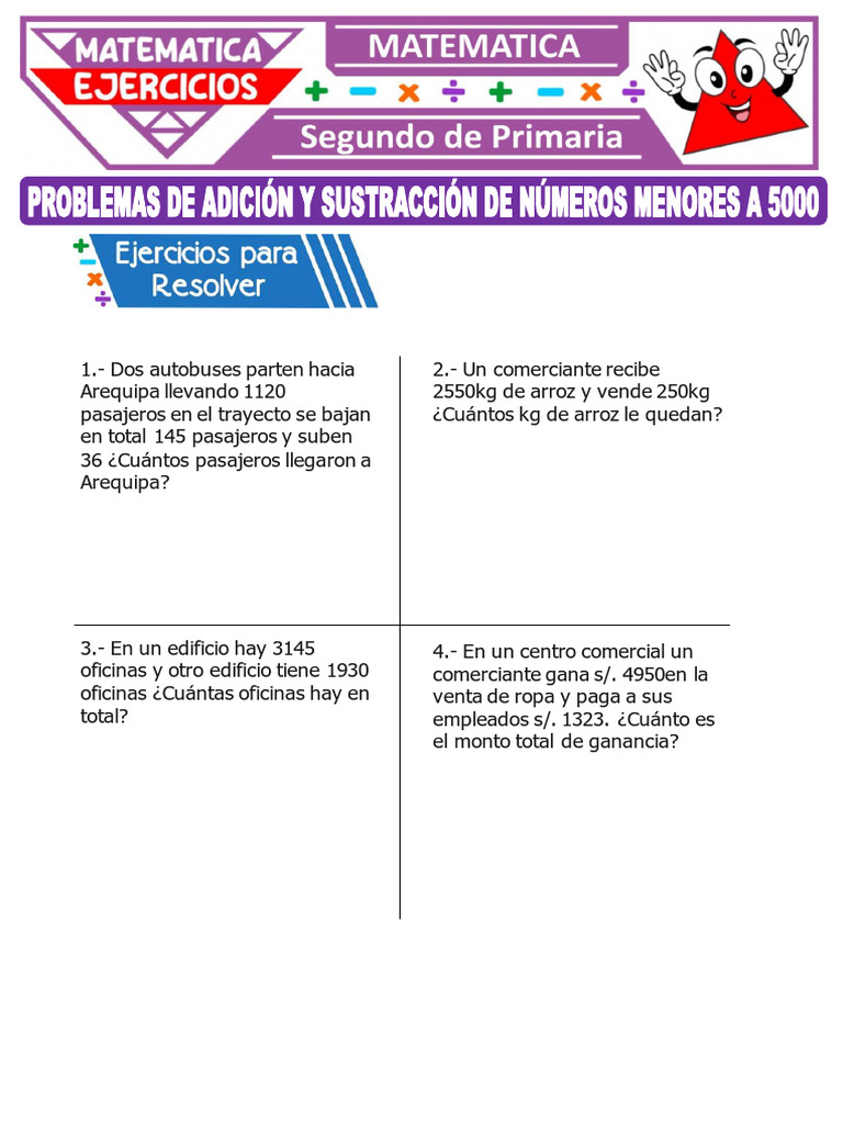 Problemas de Adicion y Sustraccion de Numeros Menores A 5000 para ...