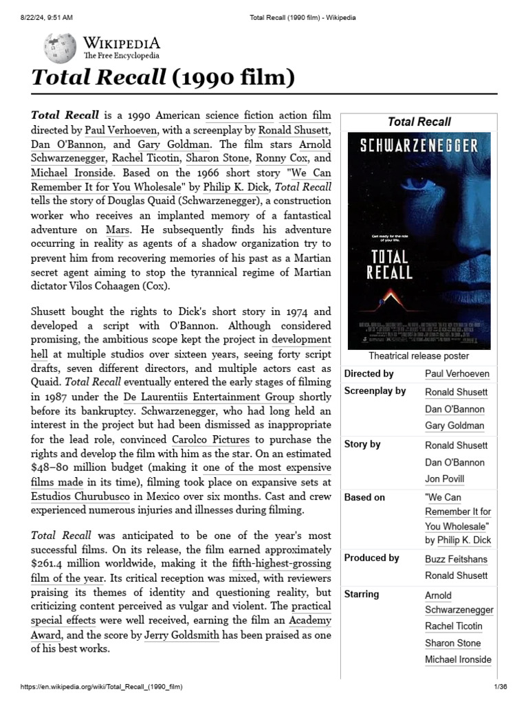 Total Recall (1990): Sci-Fi Action Film | PDF