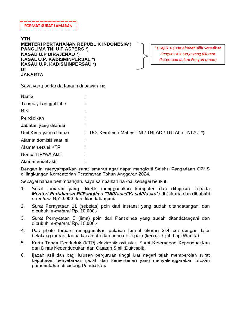1 - Format Surat Lamaran CPNS 2024 | PDF | Indonesia