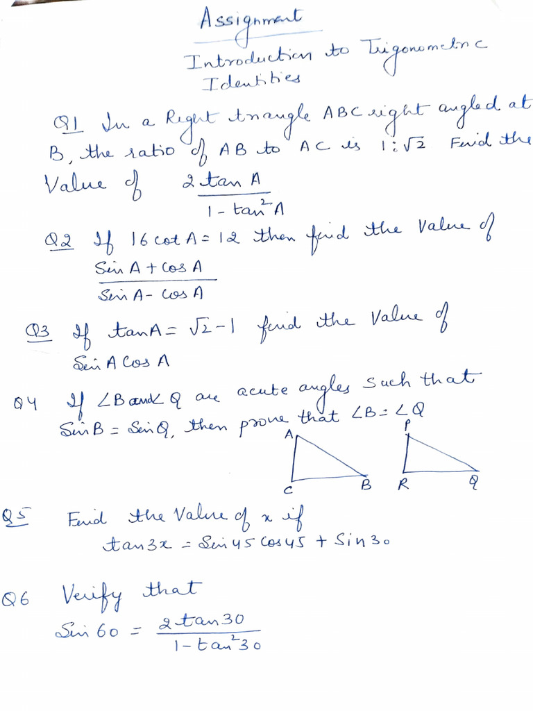 Assignment on Introduction to Trigonometric identities | PDF