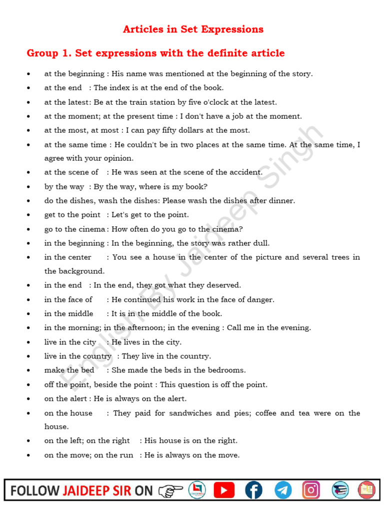 Articles in Set Expressions - Crwill | PDF